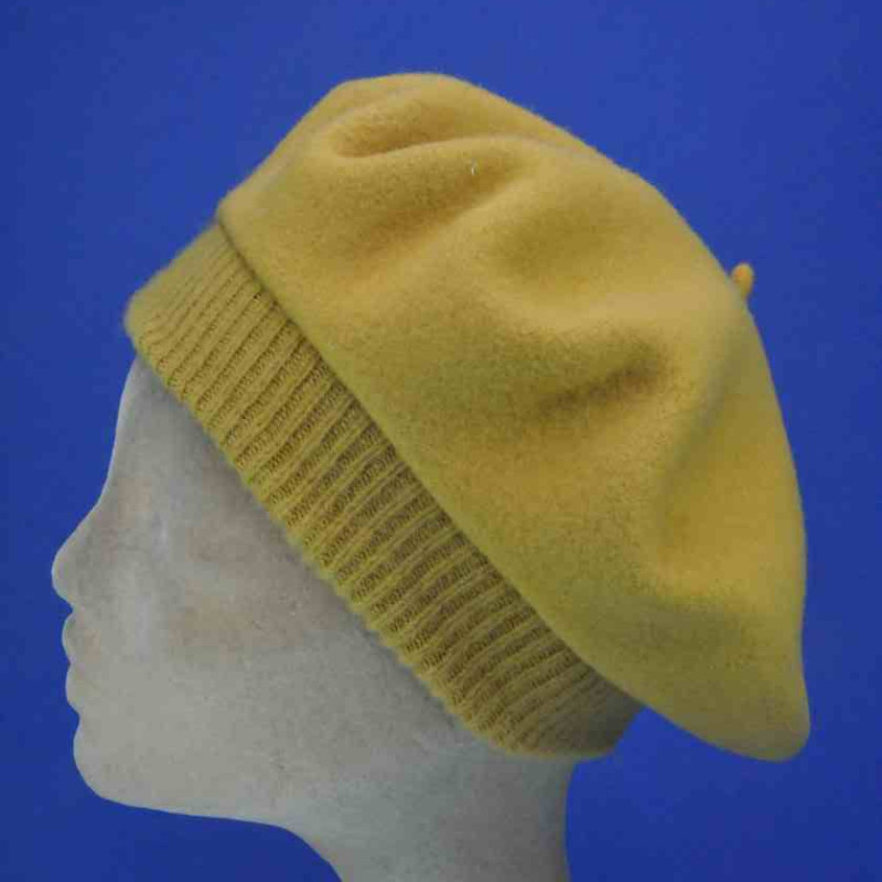 Béret fantaisie en laine de mérinos couleur moutarde | Béret femme